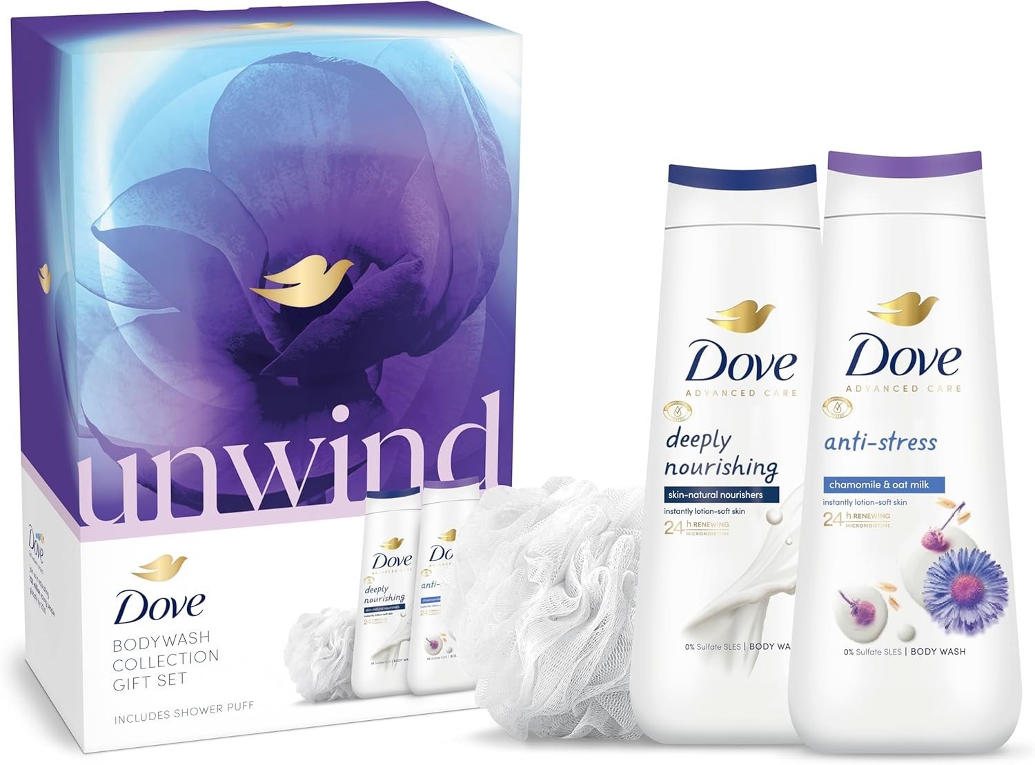 Dove Unwind Body Wash Gift Set With Luxury Shower Puff – Z Store